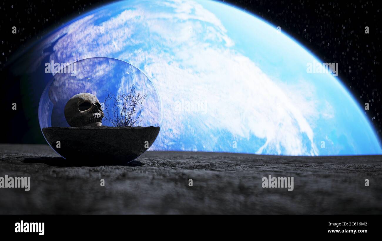 skull in outer space in glass sphere. Apocalypse concept. 3d rendering ...