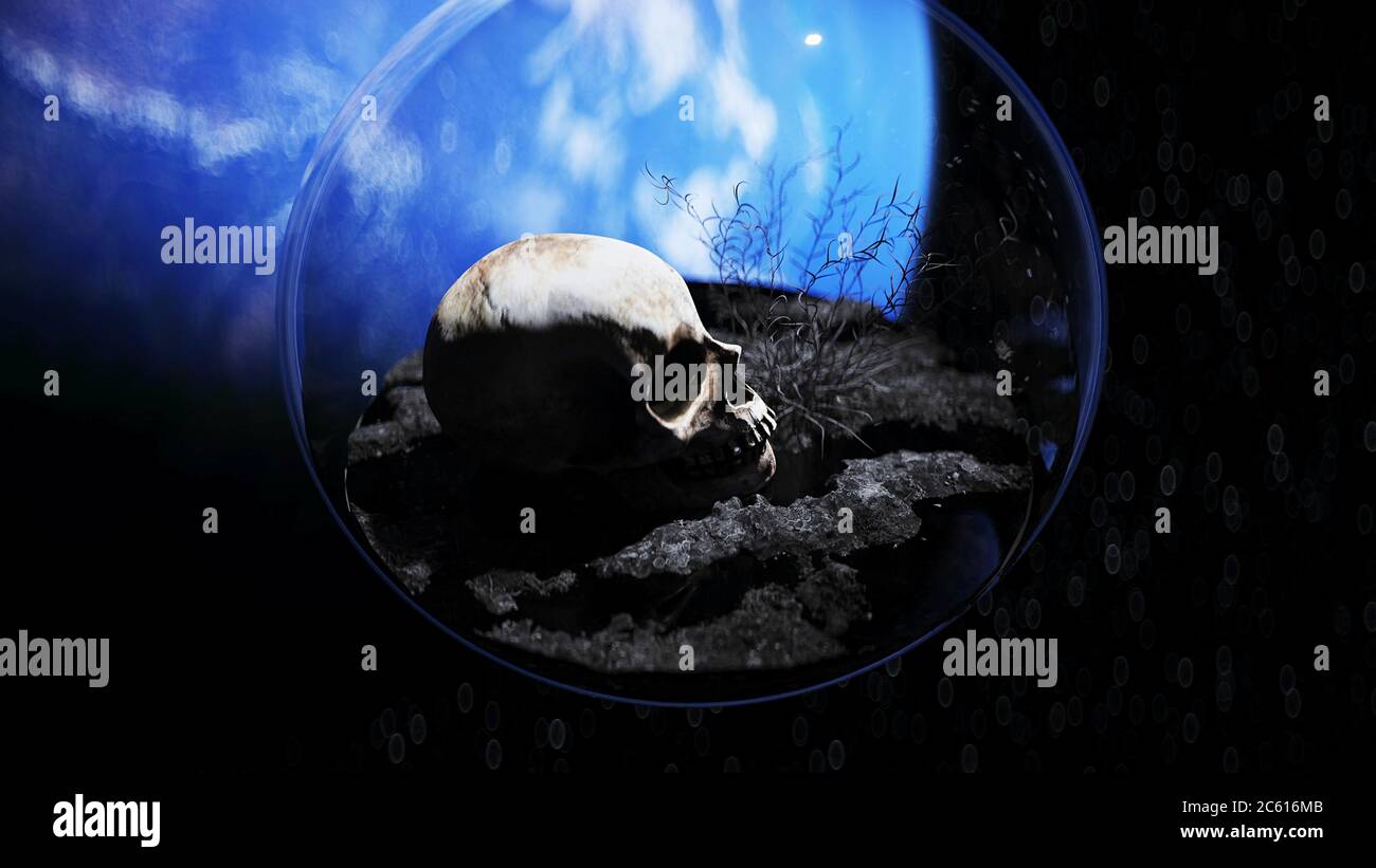 skull in outer space in glass sphere. Apocalypse concept. 3d rendering ...