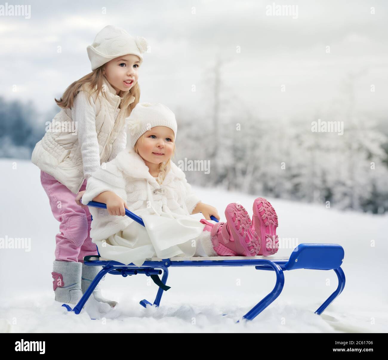 two happy girls on sled Stock Photo - Alamy