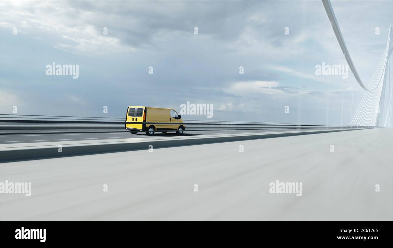 3d model of delivery car on the bridge. Very fast driving. 3d rendering ...
