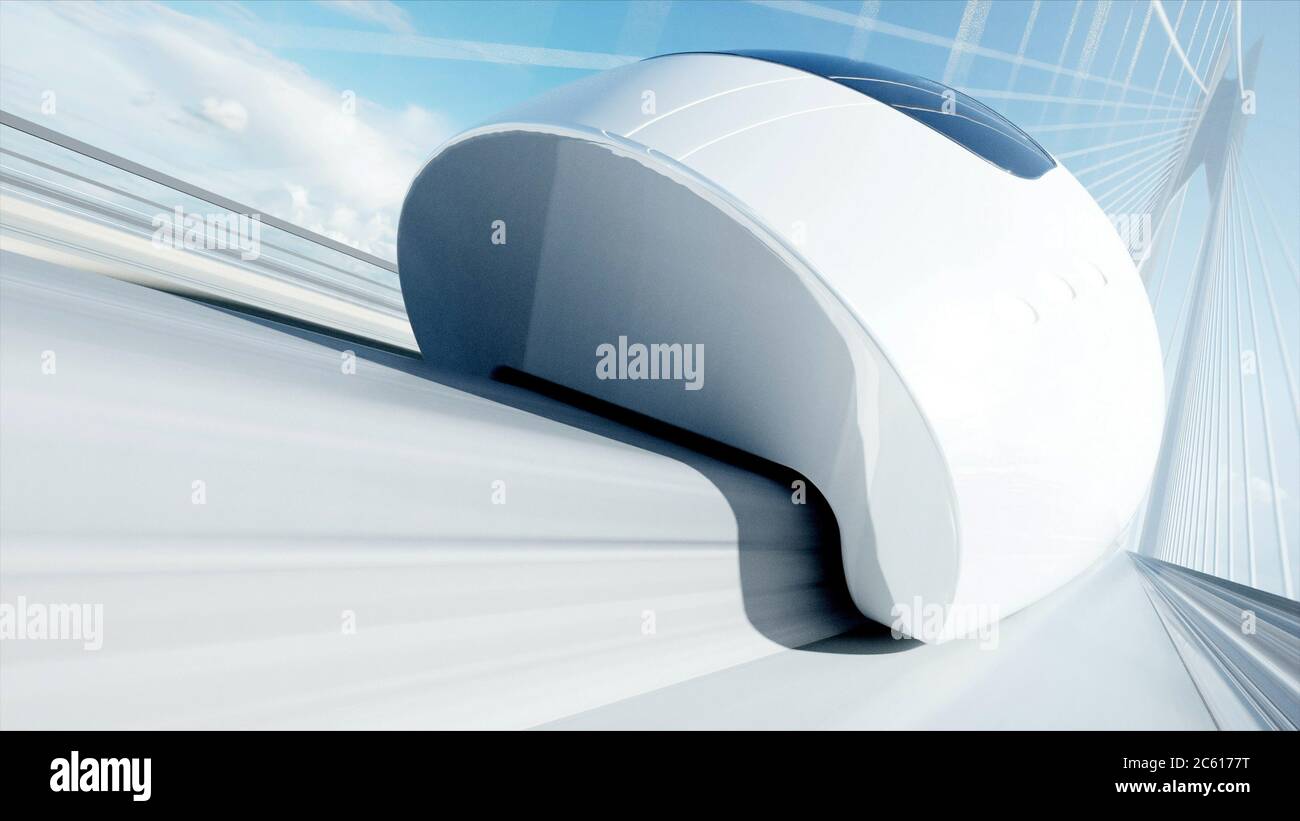 3d model of futuristic passenger train on the bridge. Very fast driving ...