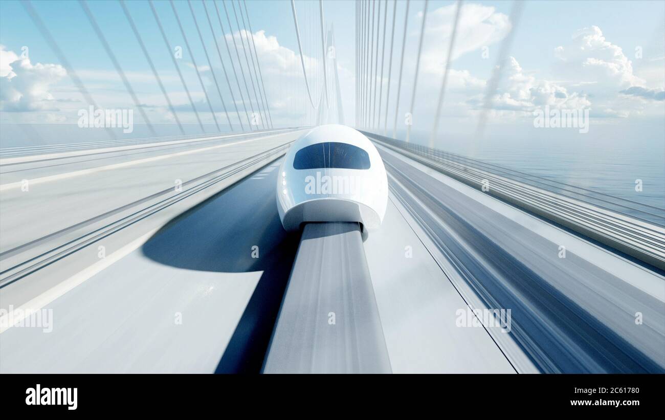 3d model of futuristic passenger train on the bridge. Very fast driving ...