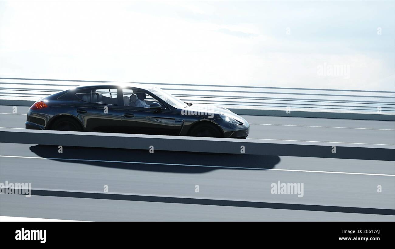 3d model of black sport car on the bridge. Very fast driving. 3d ...