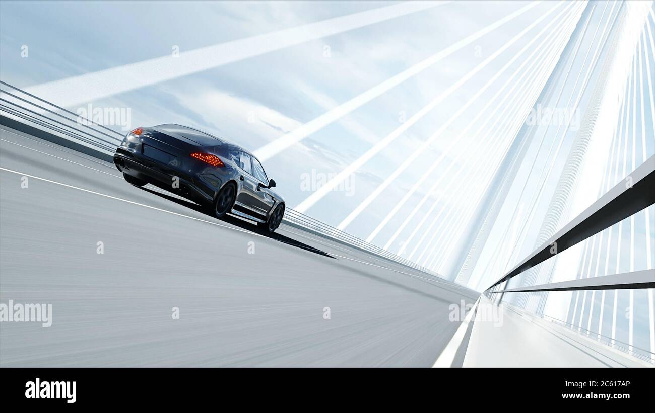3d model of black sport car on the bridge. Very fast driving. 3d ...