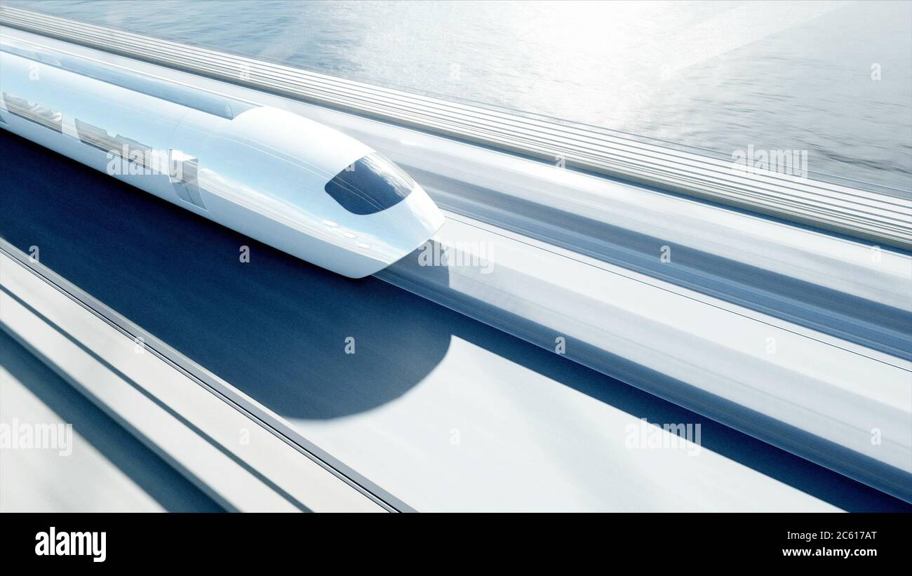 3d model of futuristic passenger train on the bridge. Very fast driving ...