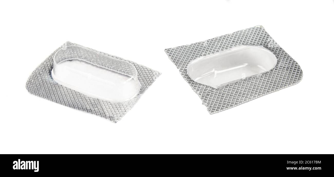 Empty medication pills package isolated on white background. Silver ...