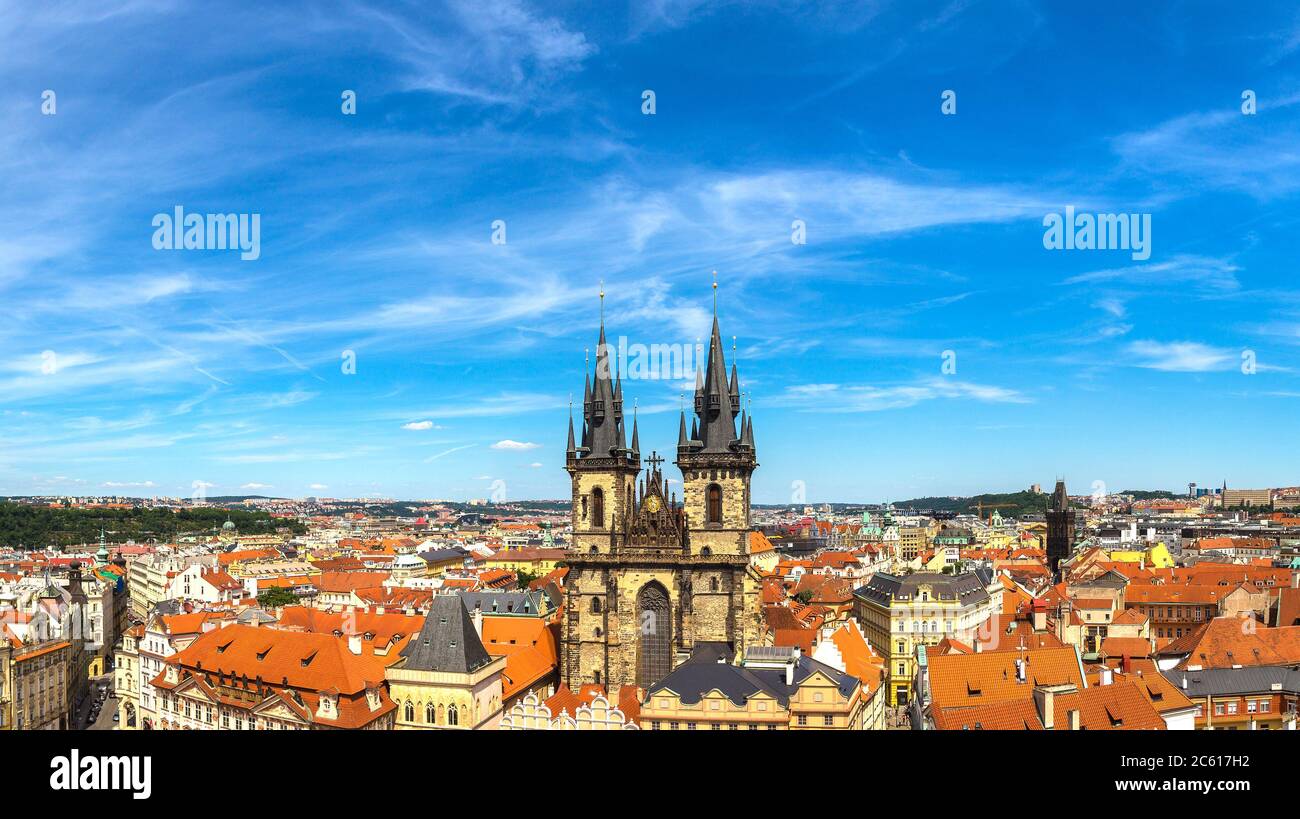Panoramic aerial view of Old Town square in Prague in a beautiful ...