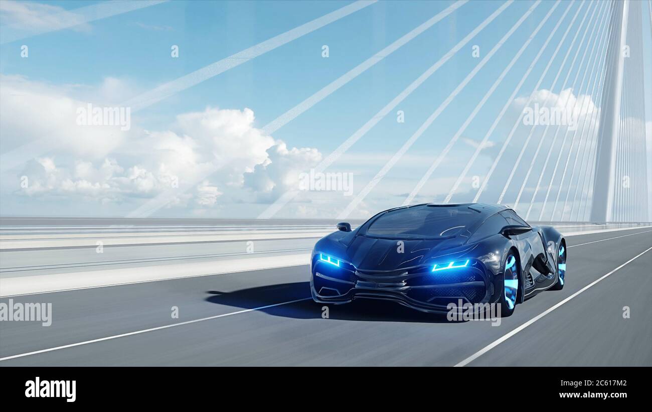 3d model of black futuristic car on the bridge. Very fast driving ...