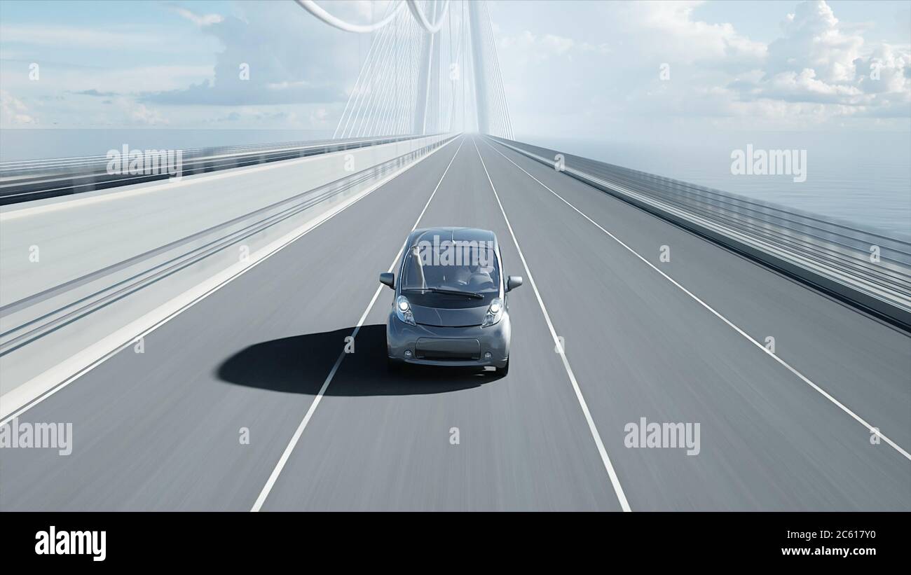 3d model of electric car on the bridge, very fast driving. Ecology ...