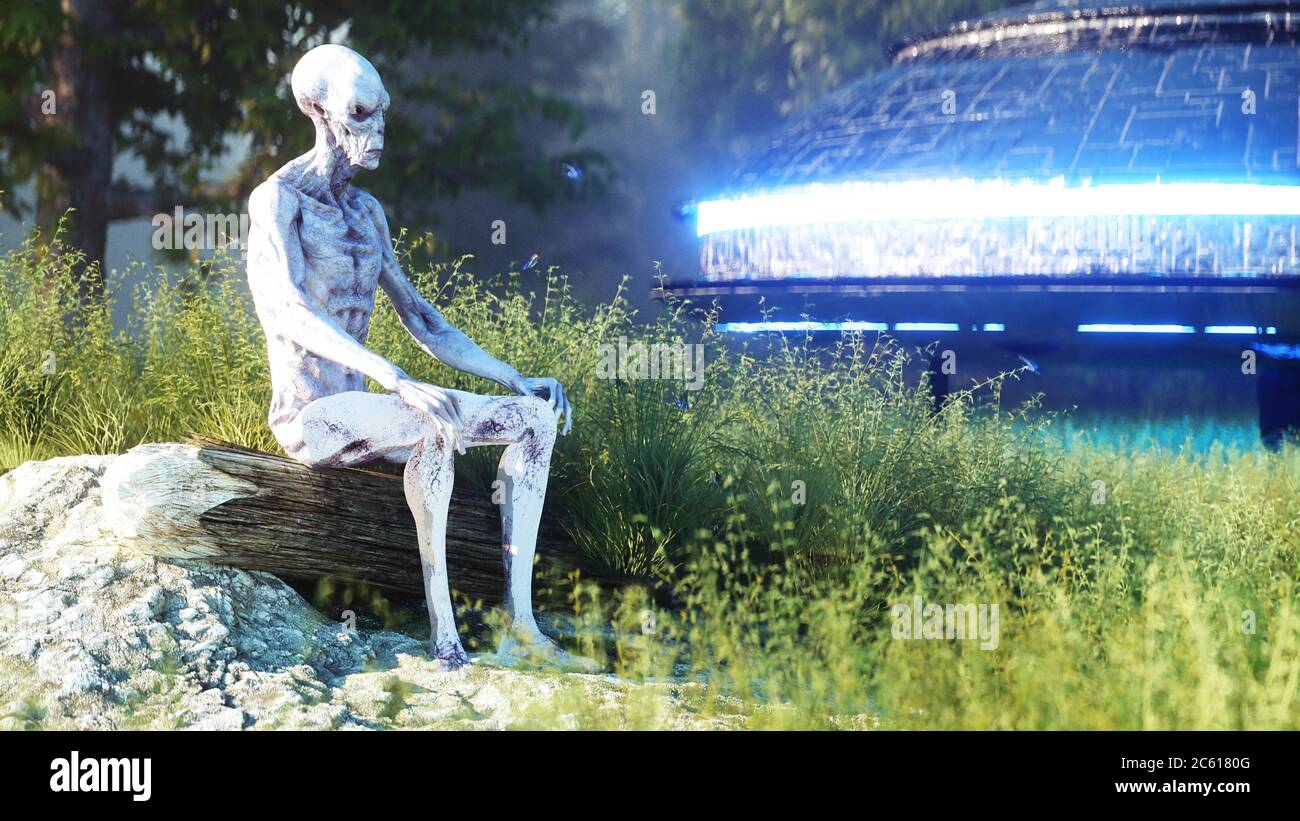 Funny alien sitting in forest. 3d rendering Stock Photo - Alamy