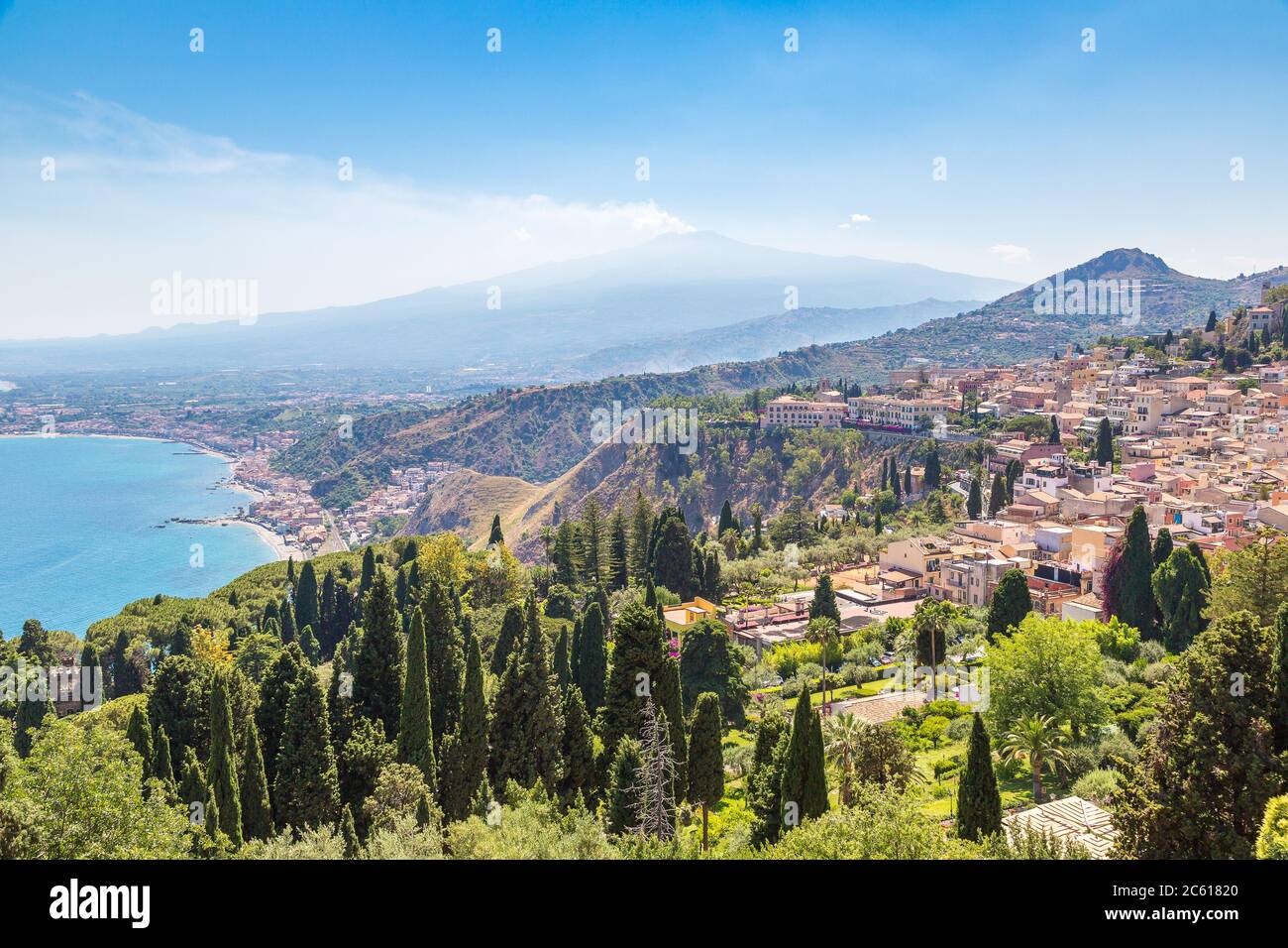 Panoramic aerial view of Taormina in Sicily, Italy in a beautiful ...
