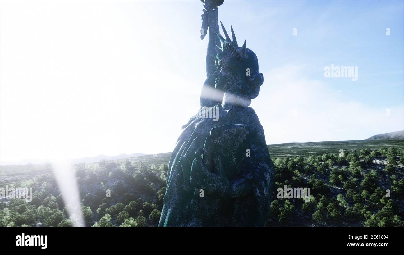 Alone statue of liberty in grass field. Aerial view. Postapocalyptic ...