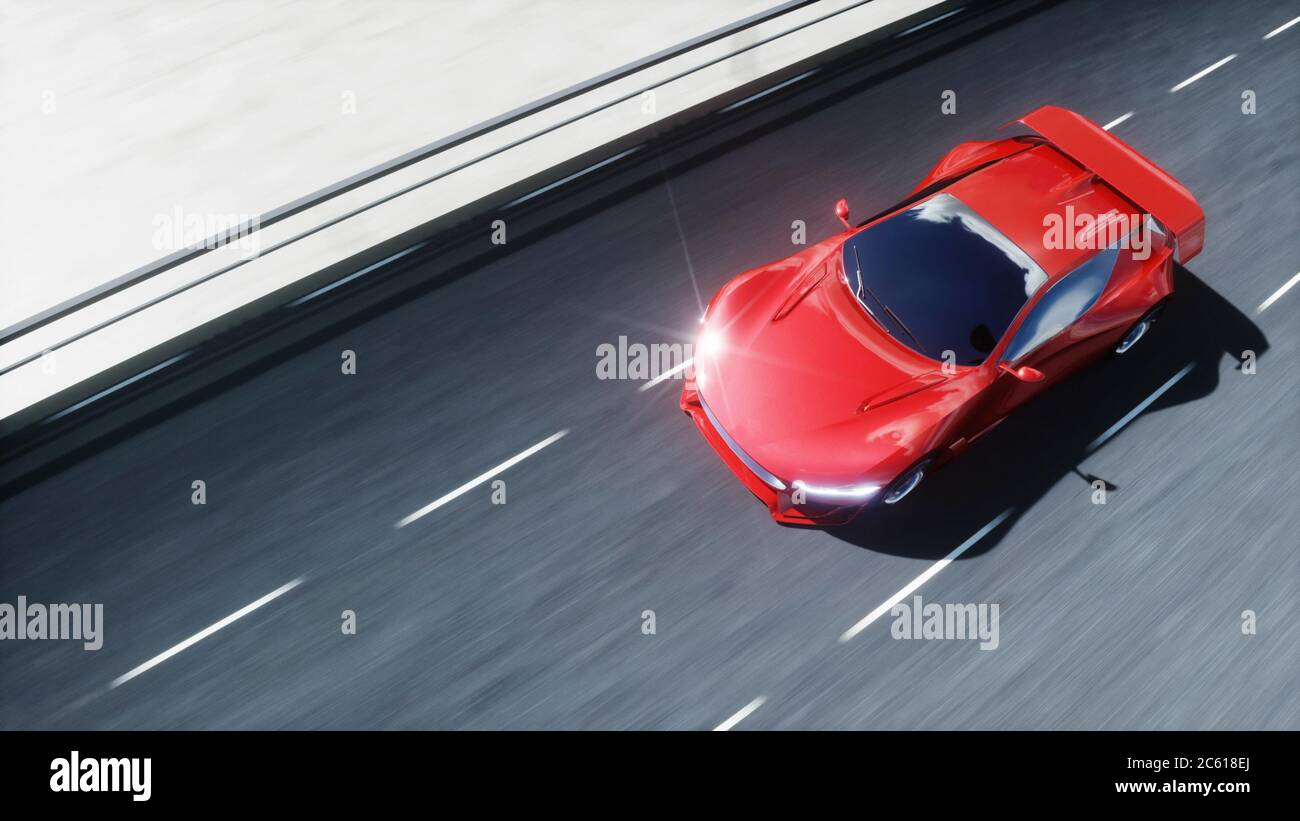3d model of futuristic red electric car on highway. Very fast driving ...