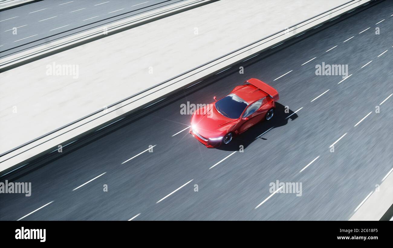 3d model of futuristic red electric car on highway. Very fast driving ...