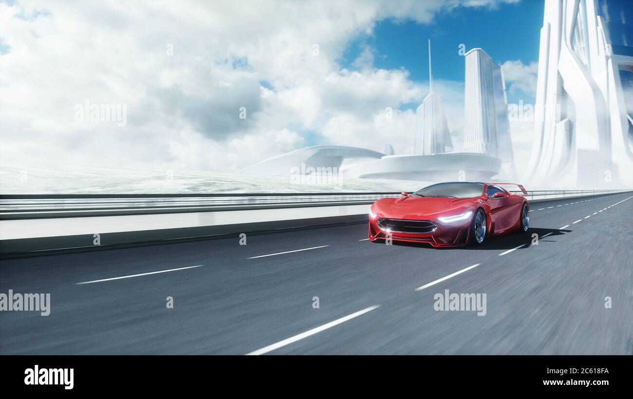 3d model of futuristic red electric car on highway. Very fast driving ...