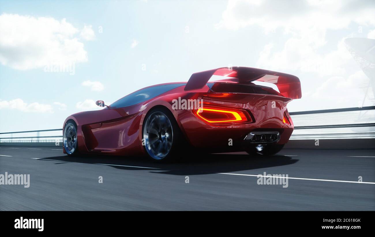 3d model of futuristic red electric car on highway. Very fast driving ...