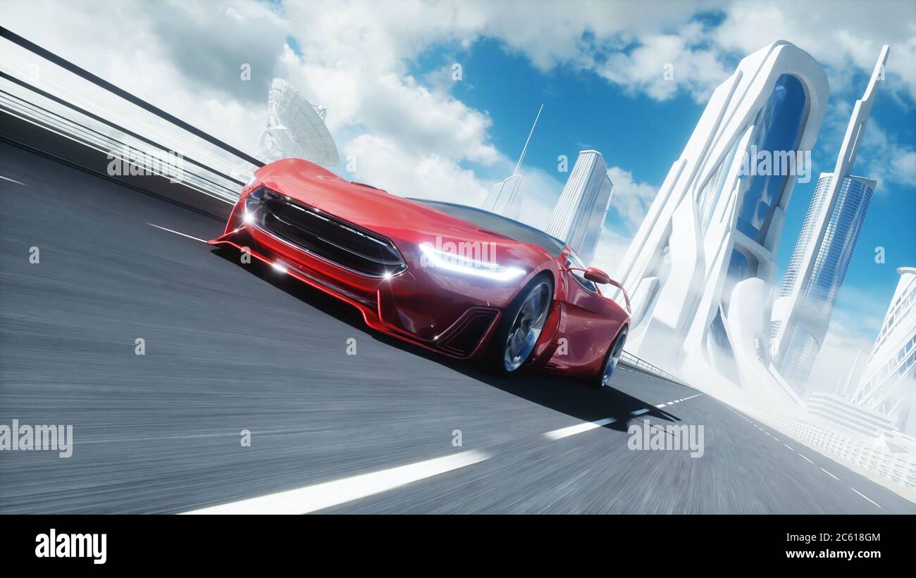 3d model of futuristic red electric car on highway. Very fast driving ...
