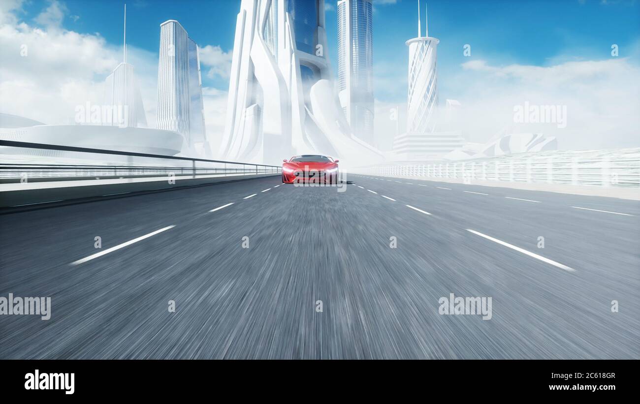 3d model of futuristic red electric car on highway. Very fast driving ...