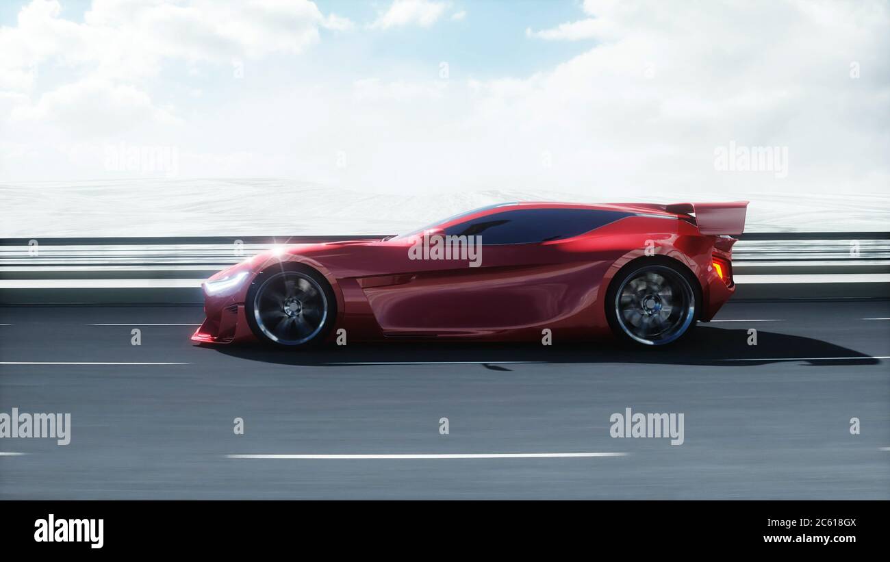 3d model of futuristic red electric car on highway. Very fast driving ...