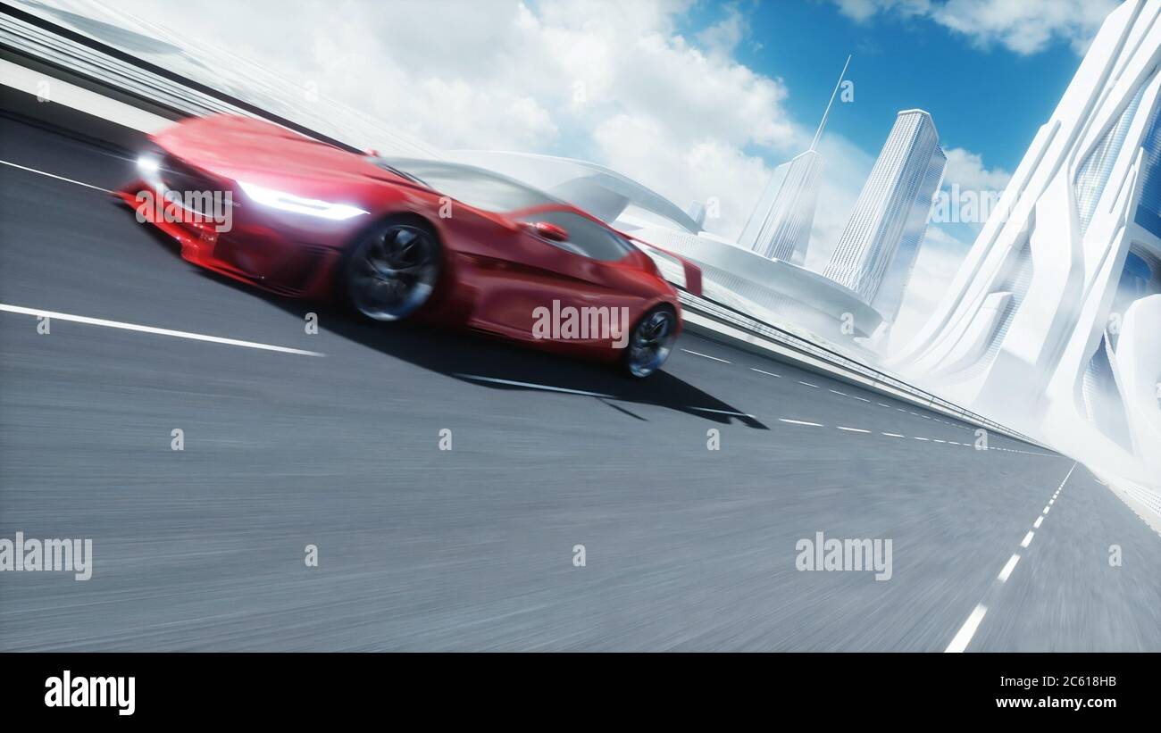 3d model of futuristic red electric car on highway. Very fast driving ...
