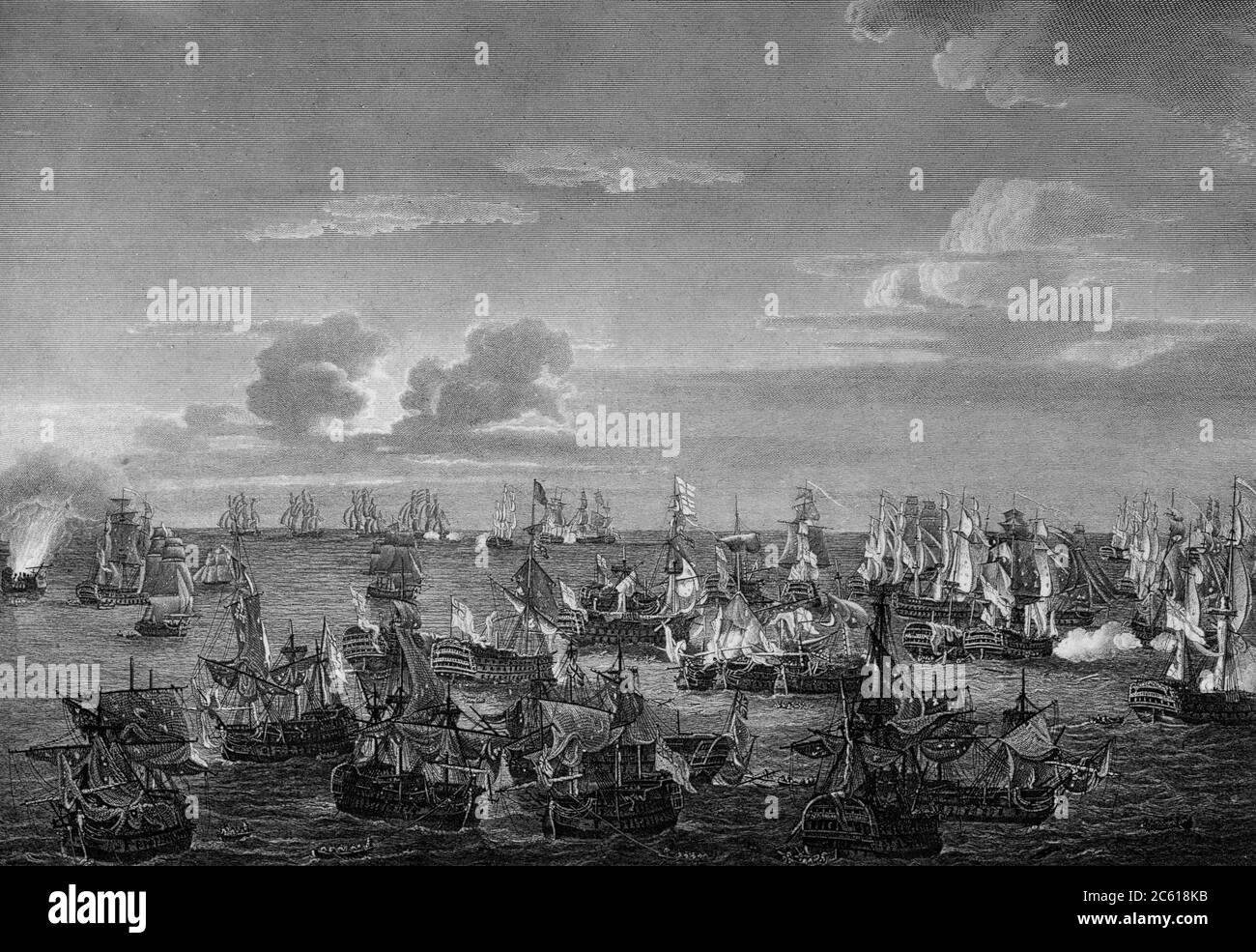 An engraved illustration image of the Battle of Trafalgar, at which ...