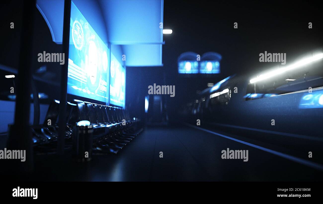 Sci Fi railway futuristic station. Future concept. Night view. 3d ...