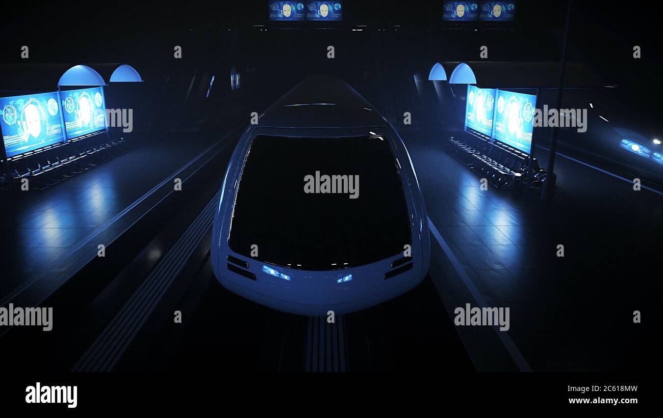 Sci Fi railway futuristic station. Future concept. Night view. 3d ...
