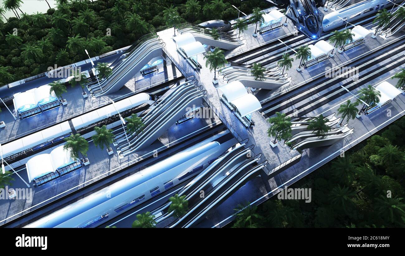 Sci Fi railway futuristic station. Future concept. Aerial view. 3d ...