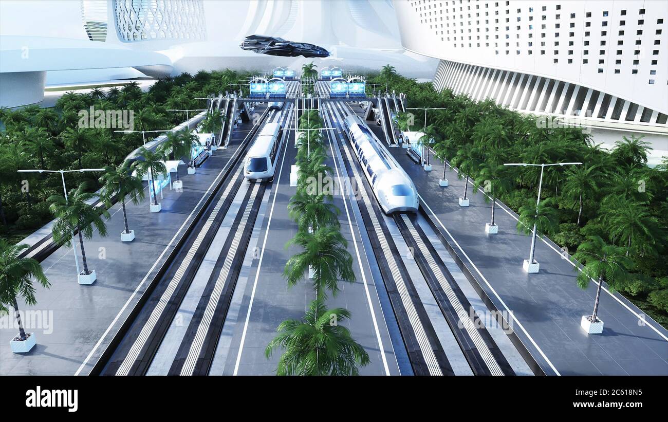 Sci Fi railway futuristic station. Future concept. Aerial view. 3d ...