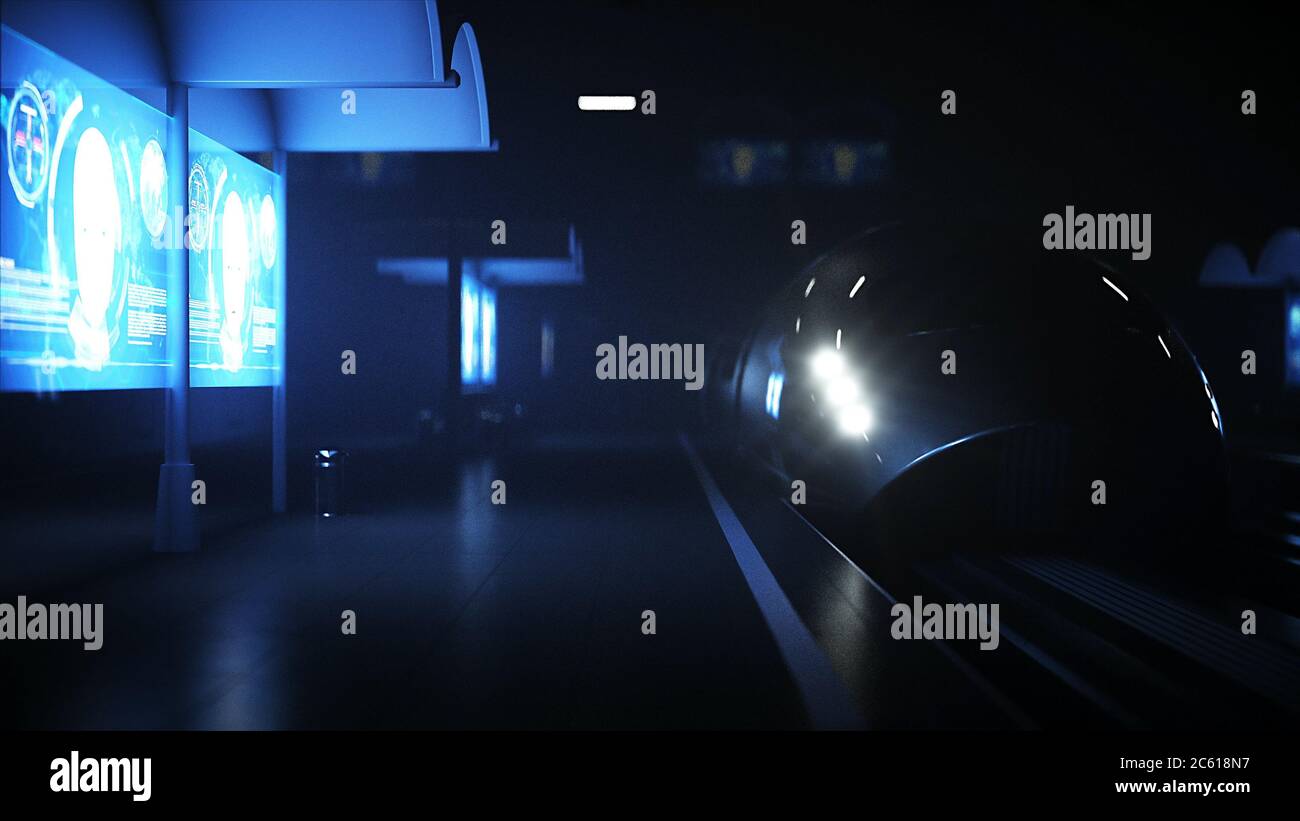 Sci Fi railway futuristic station. Future concept. Night view. 3d ...