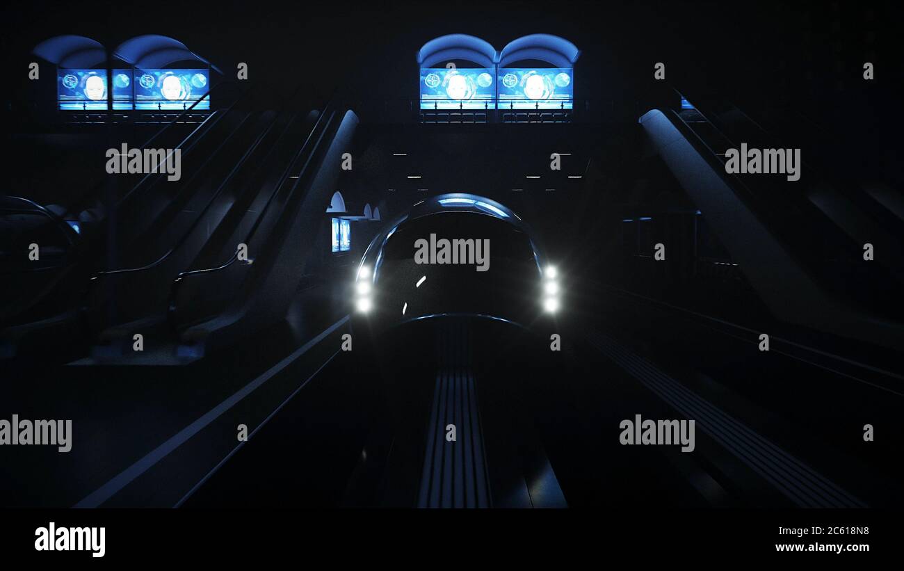 Sci Fi railway futuristic station. Future concept. Night view. 3d ...