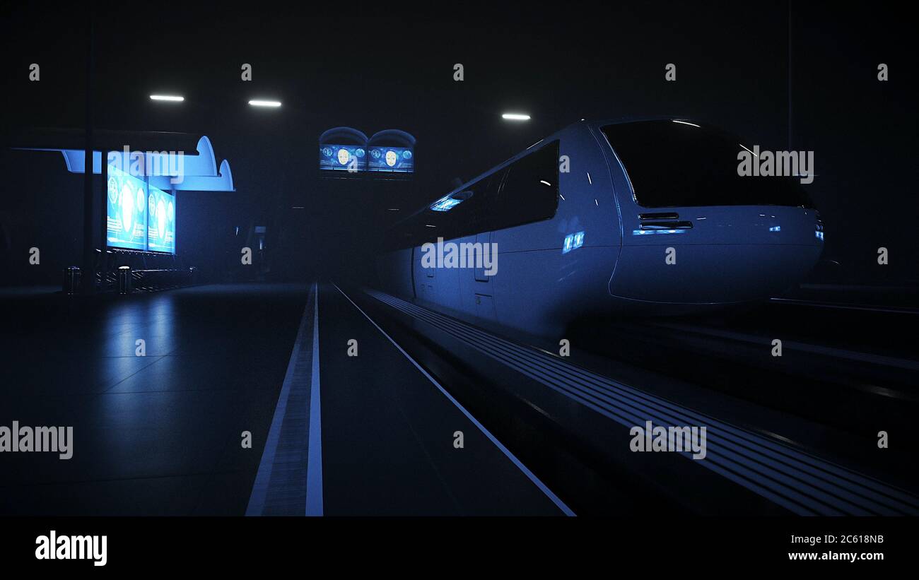 Sci Fi railway futuristic station. Future concept. Night view. 3d ...