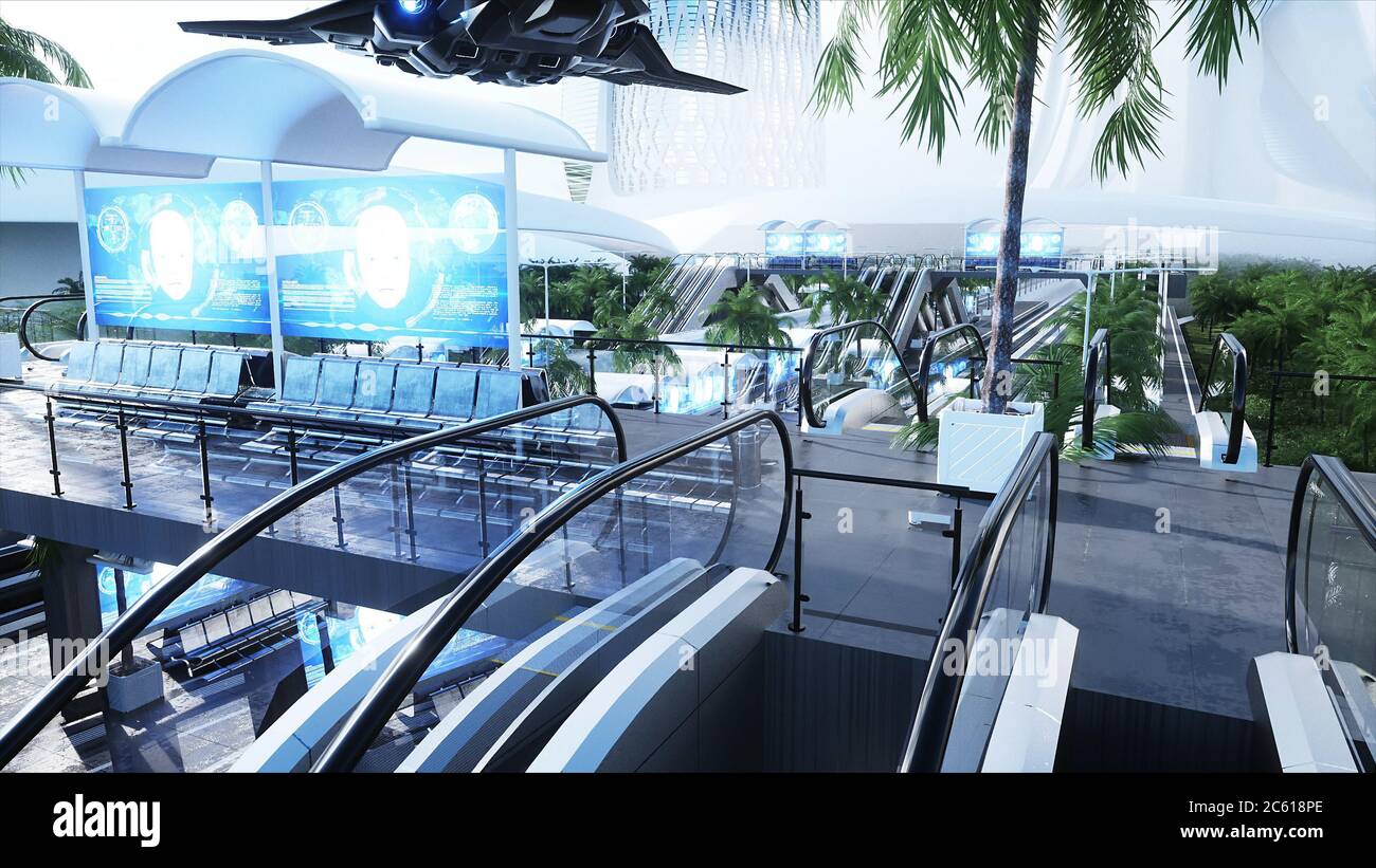 Sci Fi railway futuristic station. Future concept. Aerial view. 3d ...
