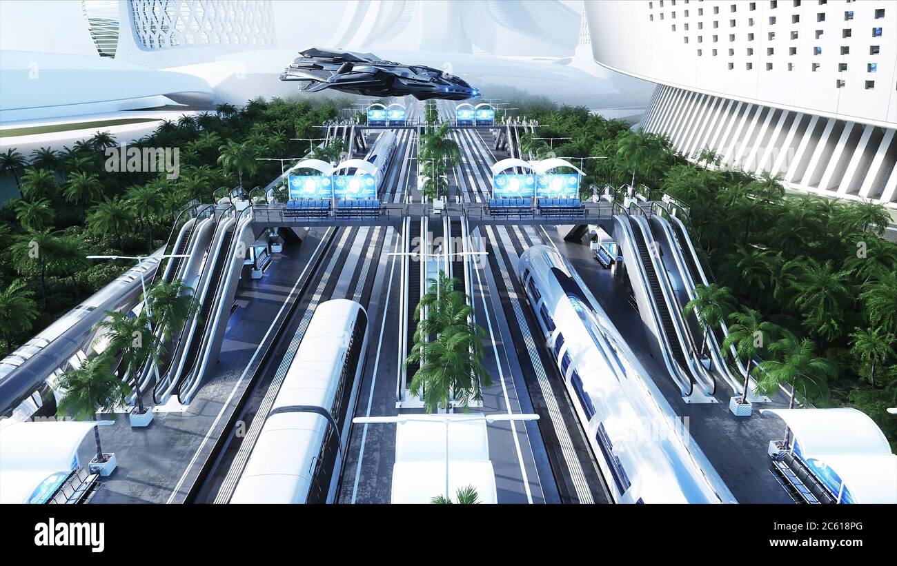 Sci Fi railway futuristic station. Future concept. Aerial view. 3d ...