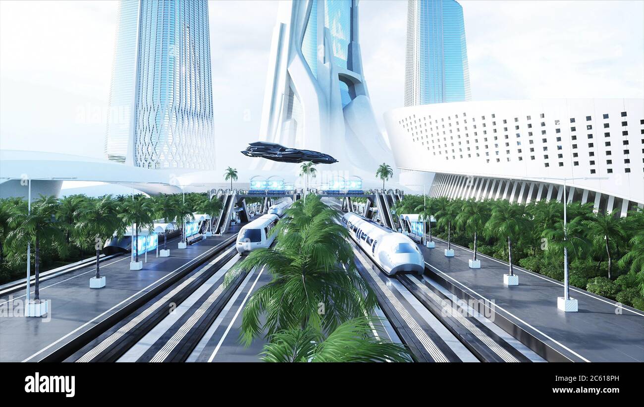 Sci Fi railway futuristic station. Future concept. Aerial view. 3d rendering Stock Photo - Alamy