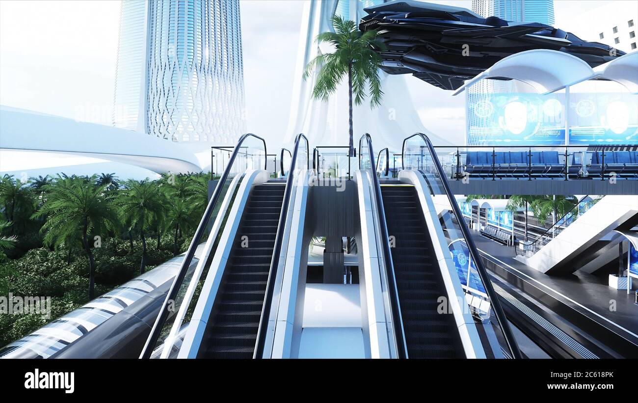 Sci Fi railway futuristic station. Future concept. Aerial view. 3d ...