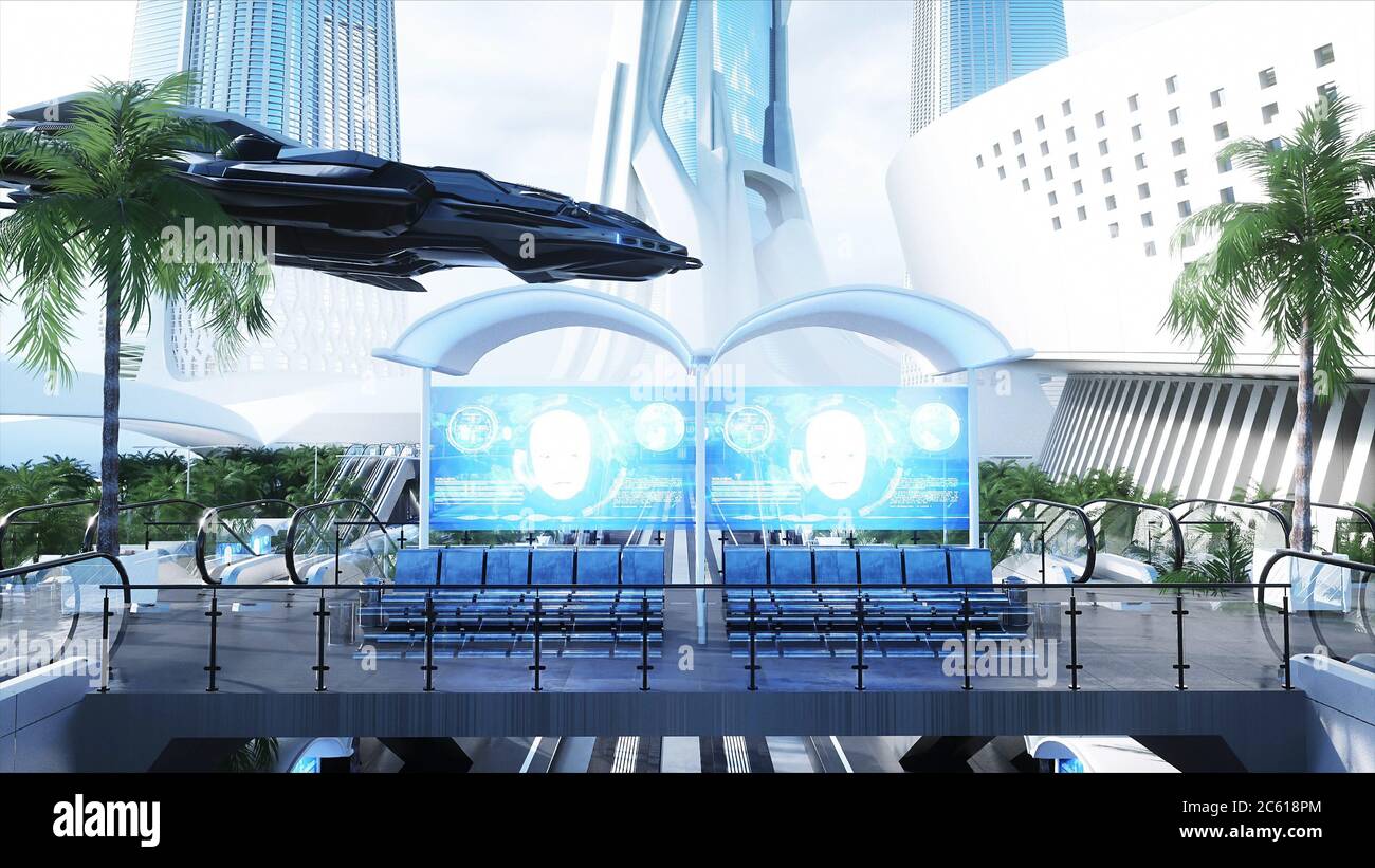 Sci Fi railway futuristic station. Future concept. Aerial view. 3d ...