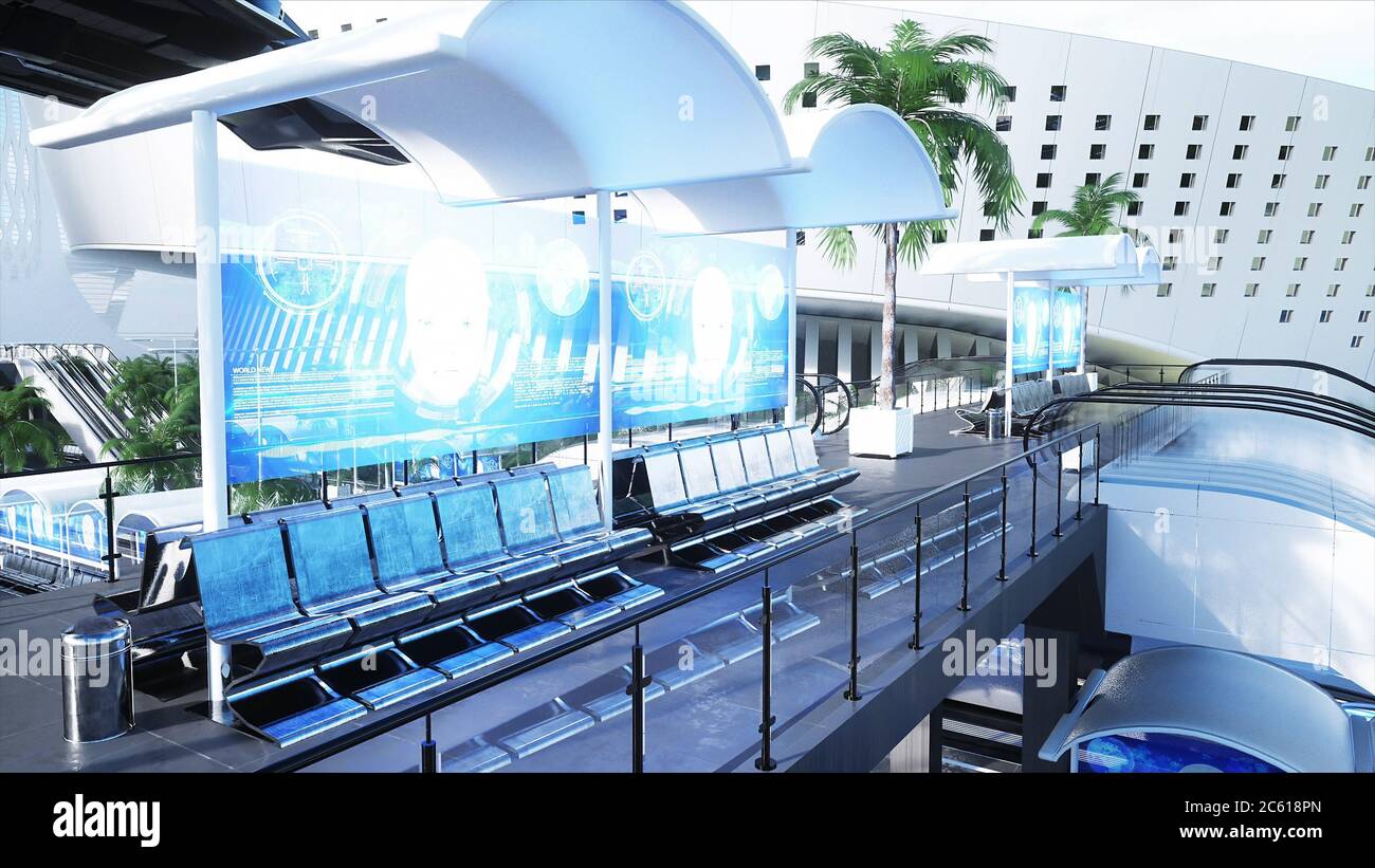 Sci Fi railway futuristic station. Future concept. Aerial view. 3d ...