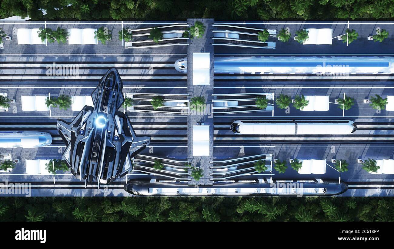 Sci Fi railway futuristic station. Future concept. Aerial view. 3d ...