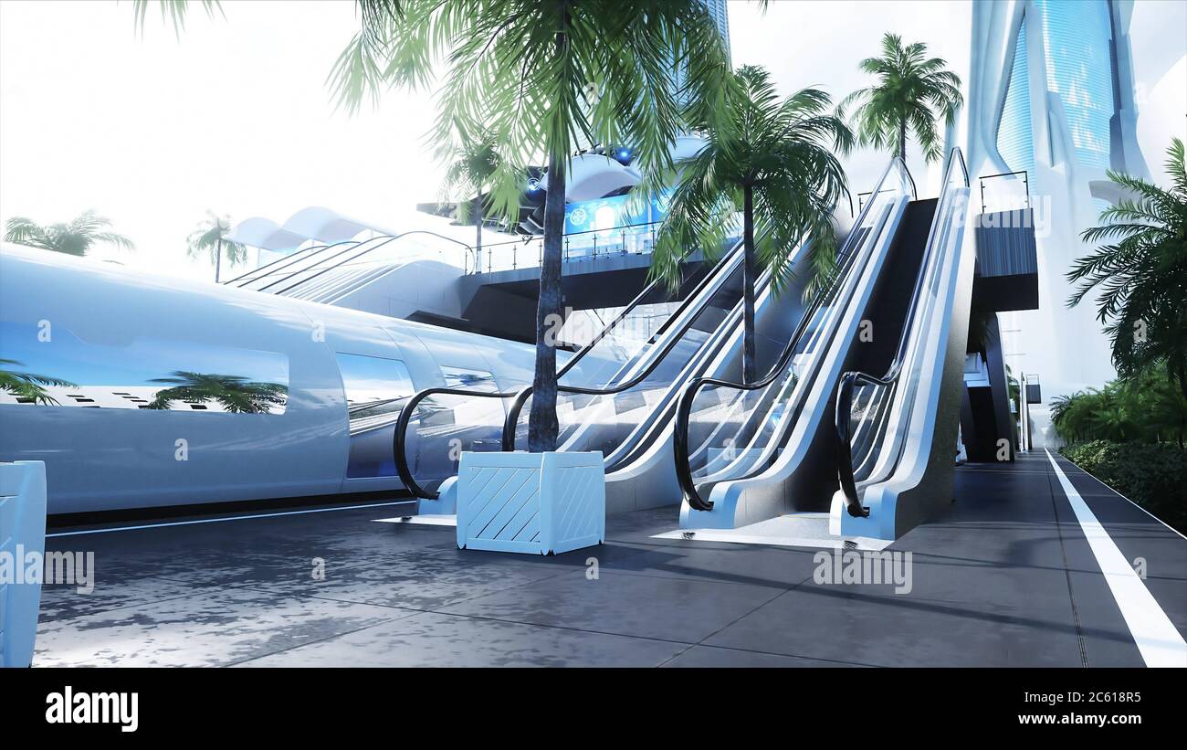 Sci Fi railway futuristic station. Future concept. Aerial view. 3d ...