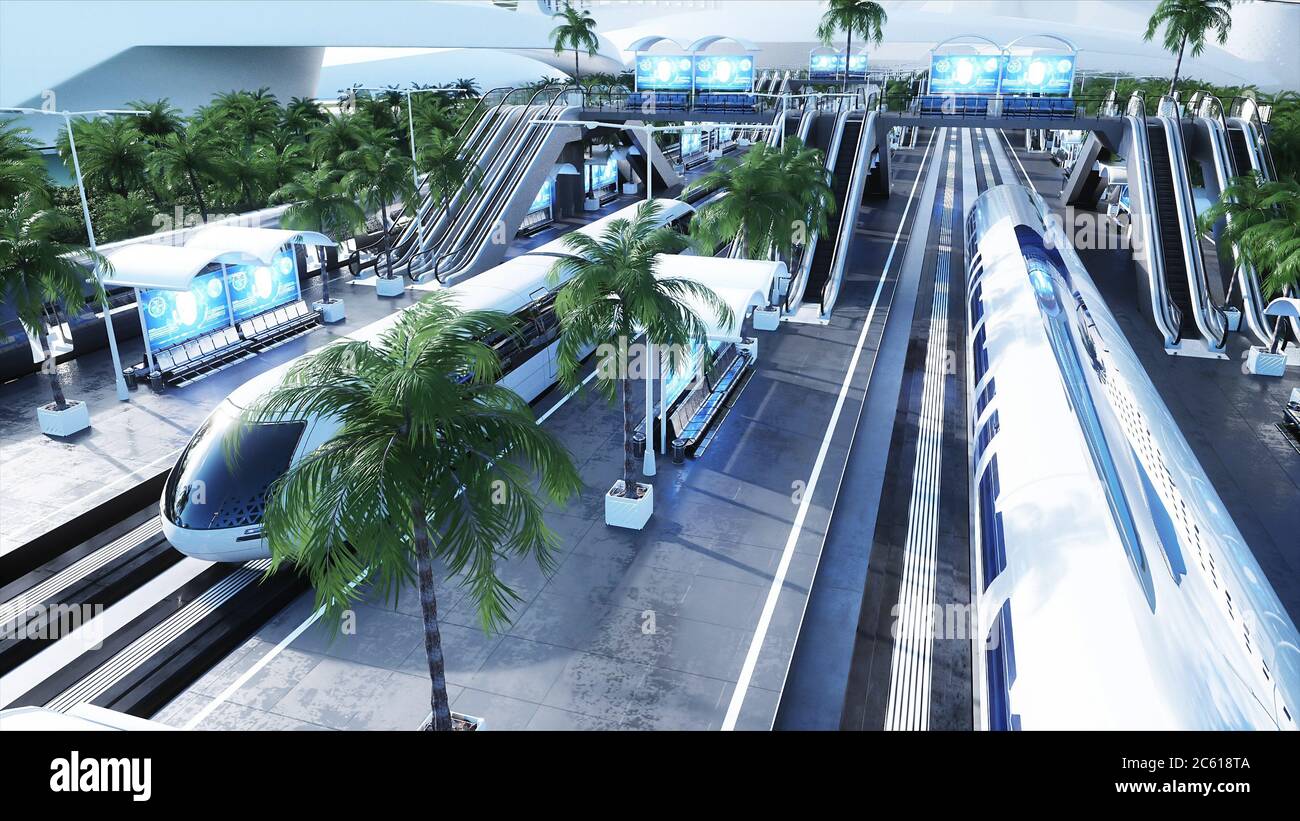 Sci Fi railway futuristic station. Future concept. Aerial view. 3d ...