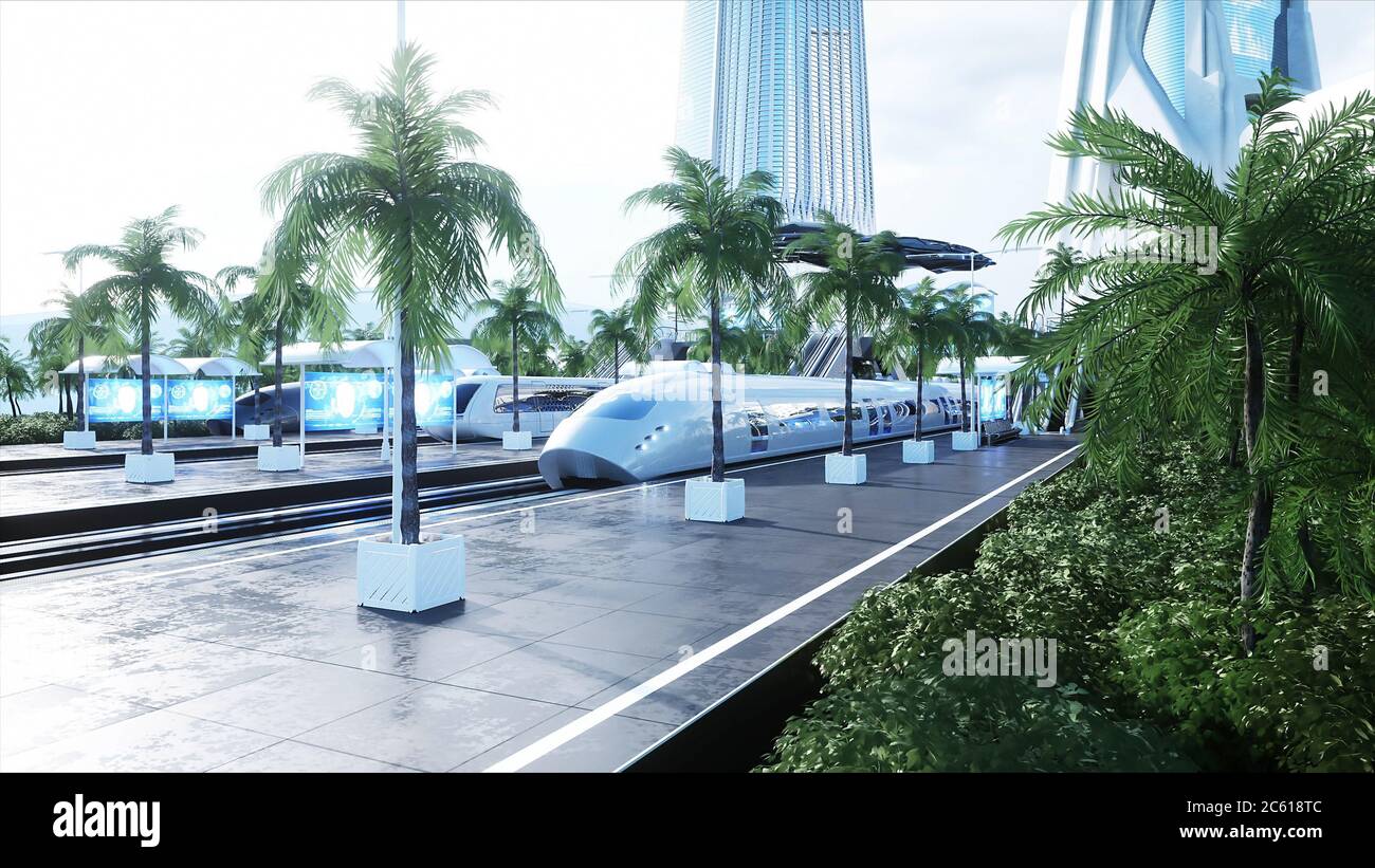 Sci Fi railway futuristic station. Future concept. Aerial view. 3d ...