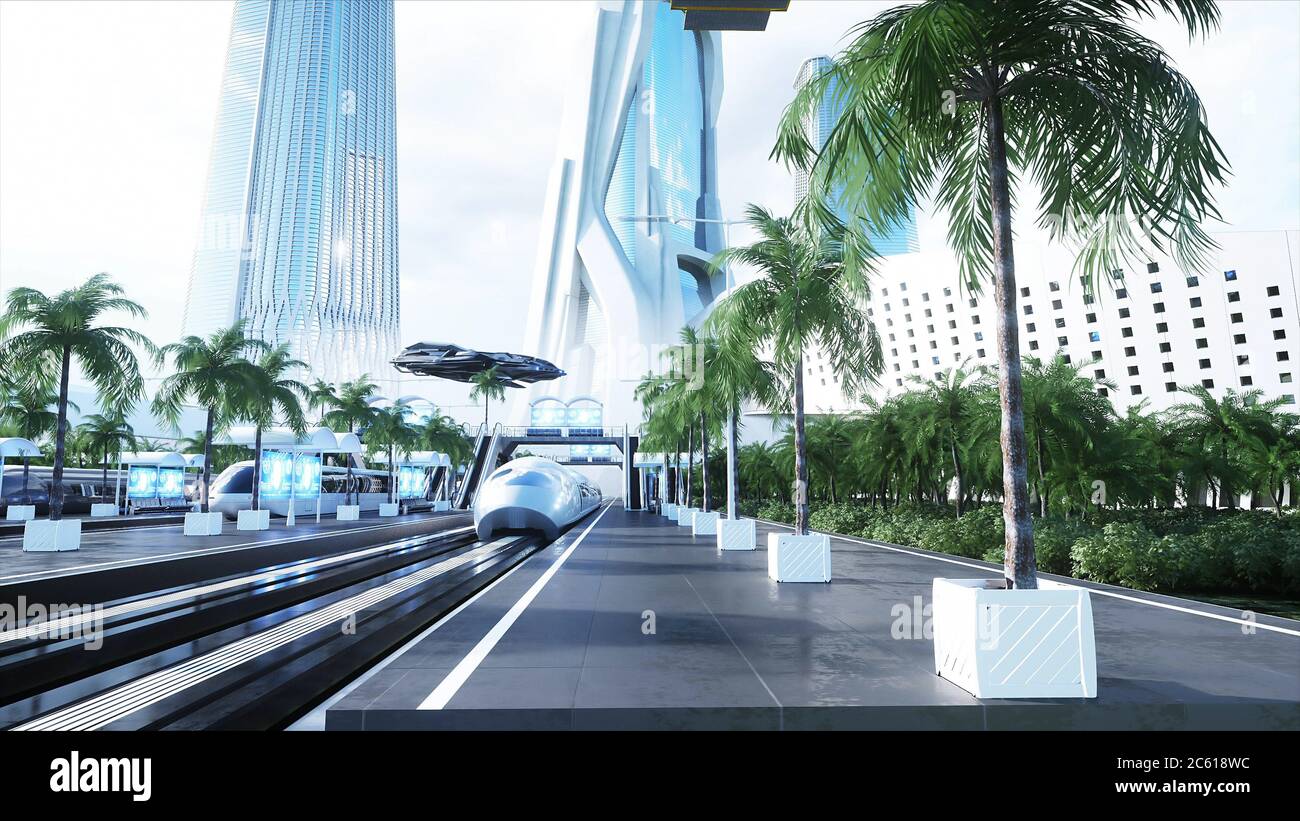 Sci Fi railway futuristic station. Future concept. Aerial view. 3d ...