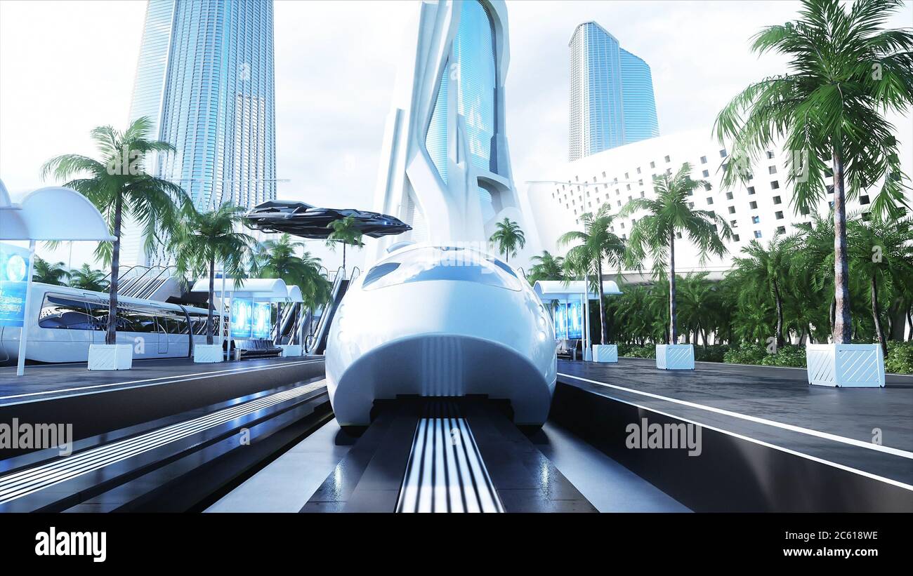 Sci Fi railway futuristic station. Future concept. Aerial view. 3d ...