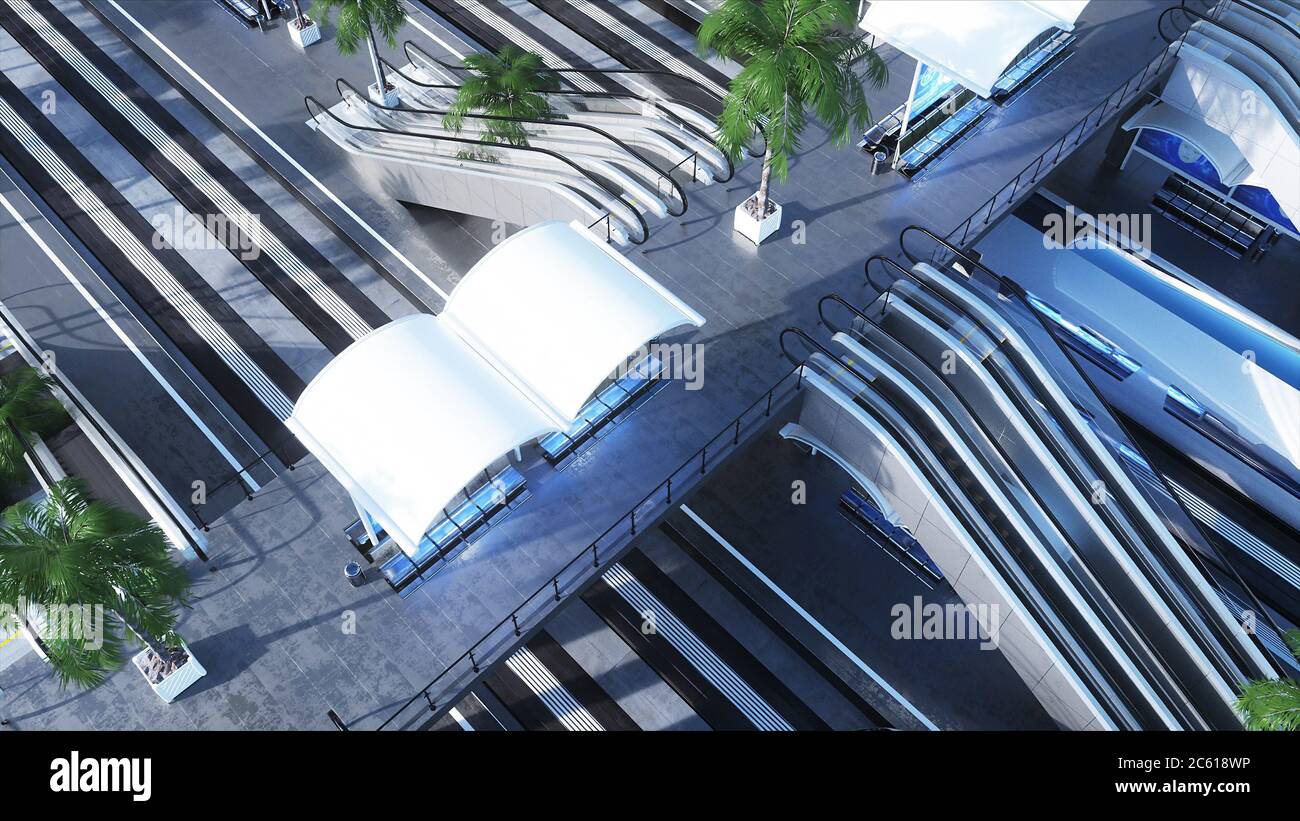 Sci Fi railway futuristic station. Future concept. Aerial view. 3d ...
