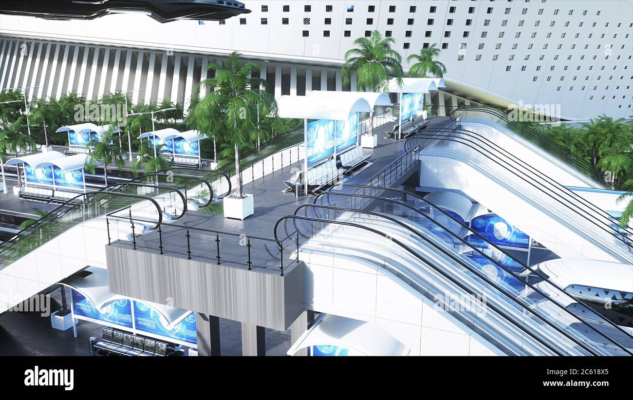 Sci Fi railway futuristic station. Future concept. Aerial view. 3d ...