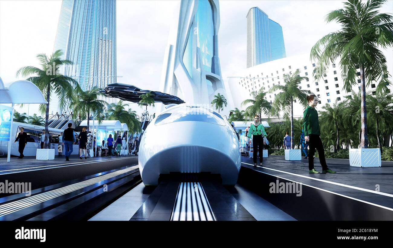 Sci Fi railway futuristic station. Future concept. Dinamyc trees ...