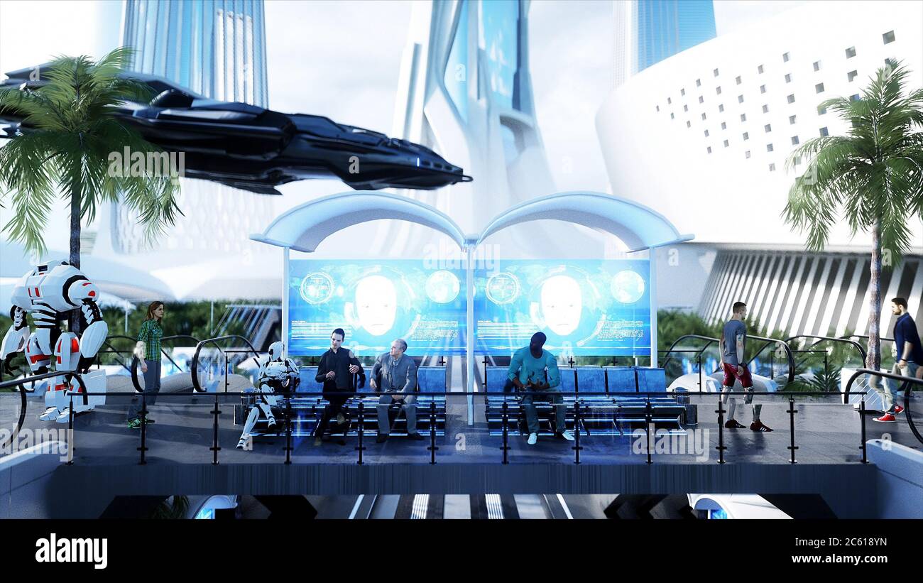 Sci Fi railway futuristic station. Future concept. Dinamyc trees ...