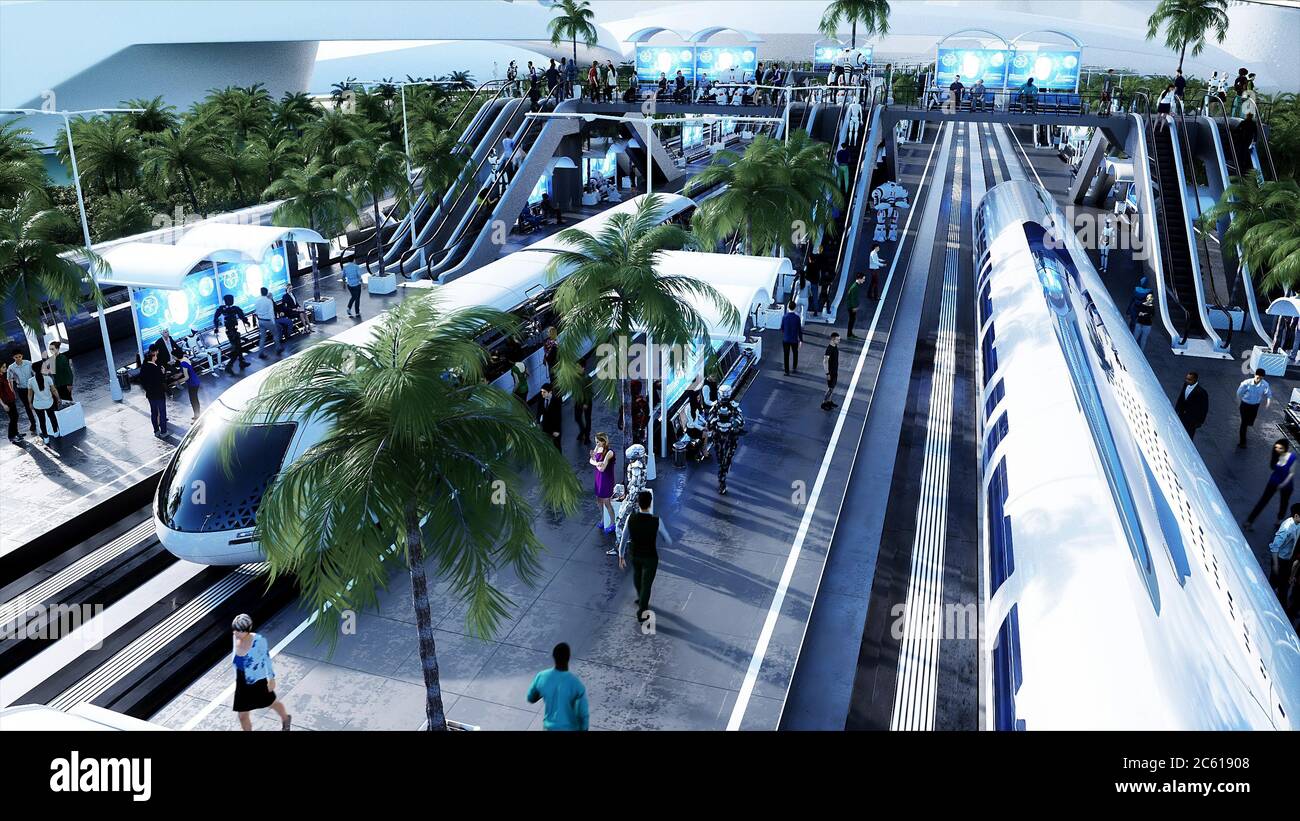 Sci Fi railway futuristic station. Future concept. Dinamyc trees ...
