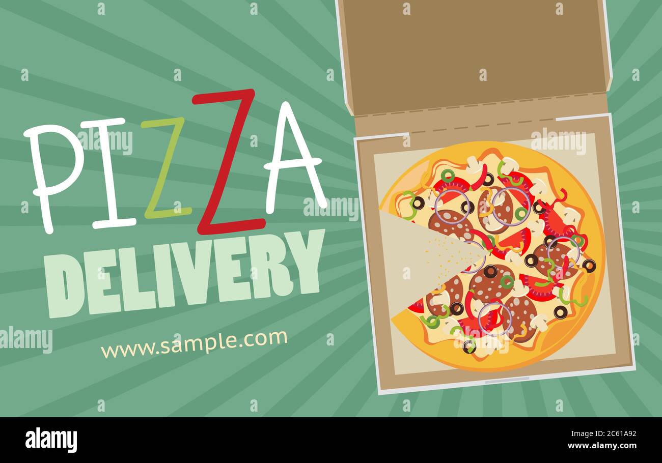 Pizza box vector advertisement banner. Pizza box delivery service Stock ...